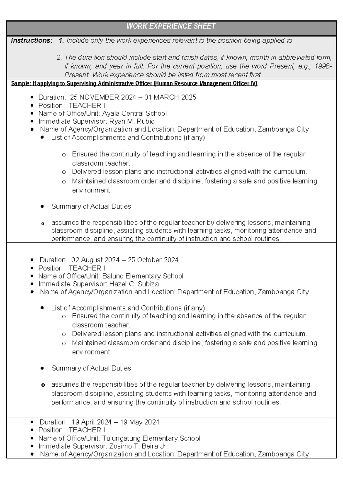 CS Form No. 212 Attachment: Work Experience Sheet for Teacher I ...