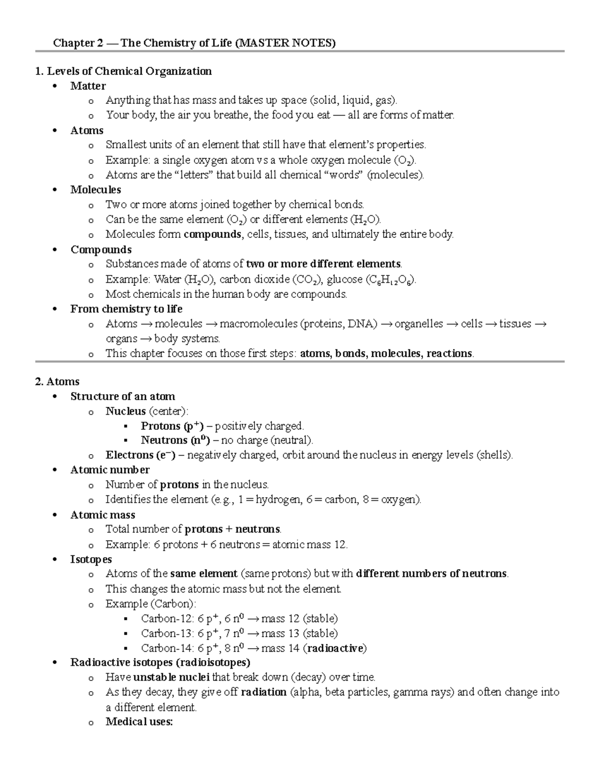 Chapter 2: The Chemistry of Life - MASTER NOTES Summary - Studocu