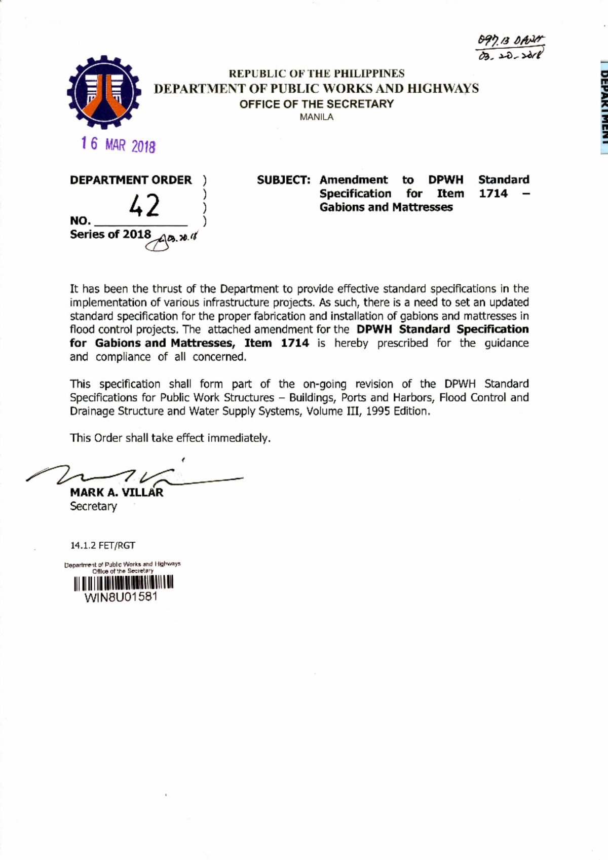 DO 042 s2018 - Amendment to DPWH Spec for Item 1714 Gabions ...