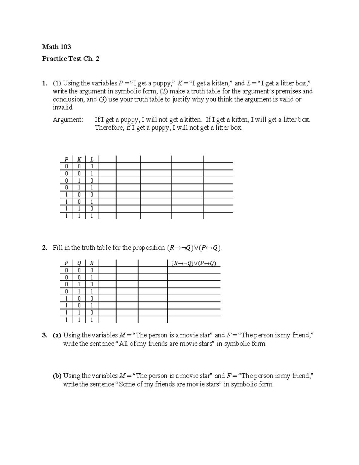 Math 103 Practice Test: Symbolic Logic & Truth Tables - Studocu