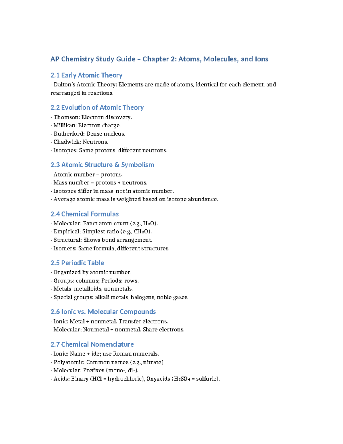 AP Chemistry Study Guide: Chapter 2 - Atoms, Molecules, and Ions - Studocu