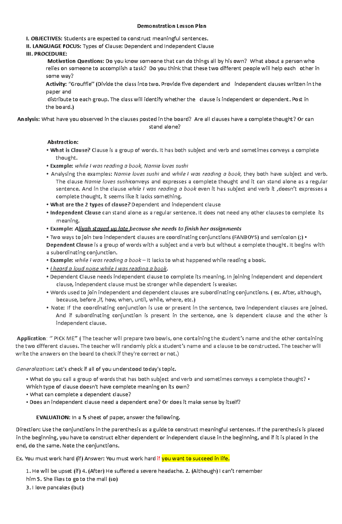 Lesson Plan: Understanding Independent and Dependent Clauses - Studocu