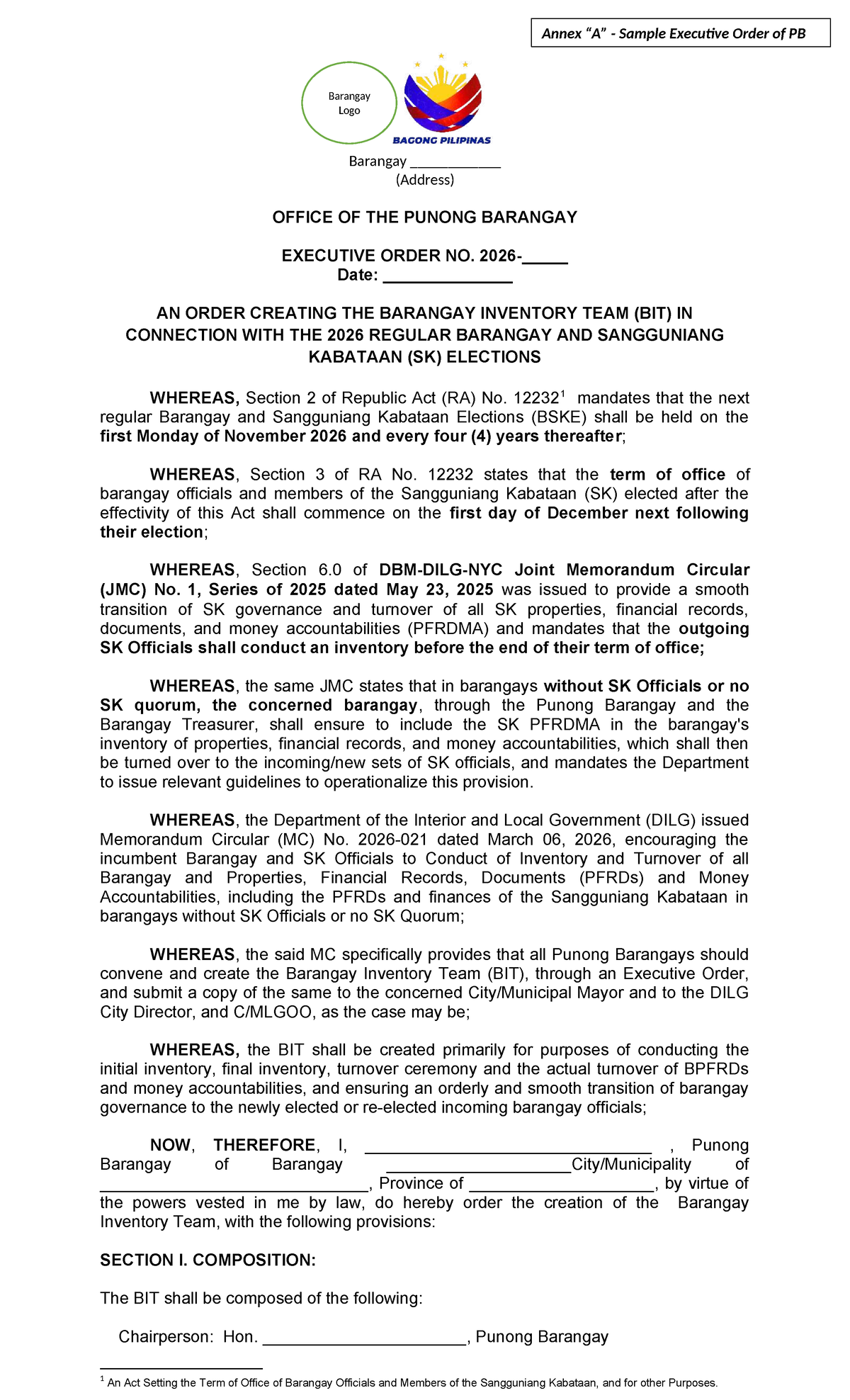 BSKE 2026 Executive Order: Creation of Barangay Inventory Team - Studocu