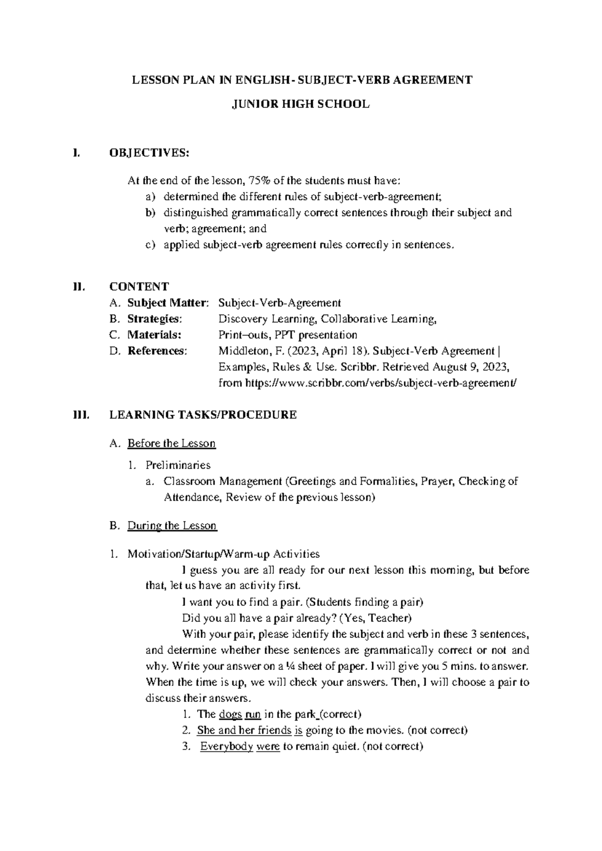 SVA Junior High Detailed Lesson Plan on Subject-Verb Agreement - Studocu
