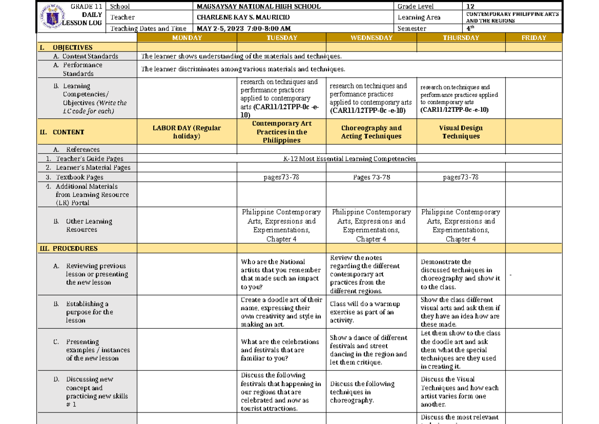 CPAR DLL WEEK 1 - GRADE 12 Daily Lesson Log on Contemporary Arts - Studocu