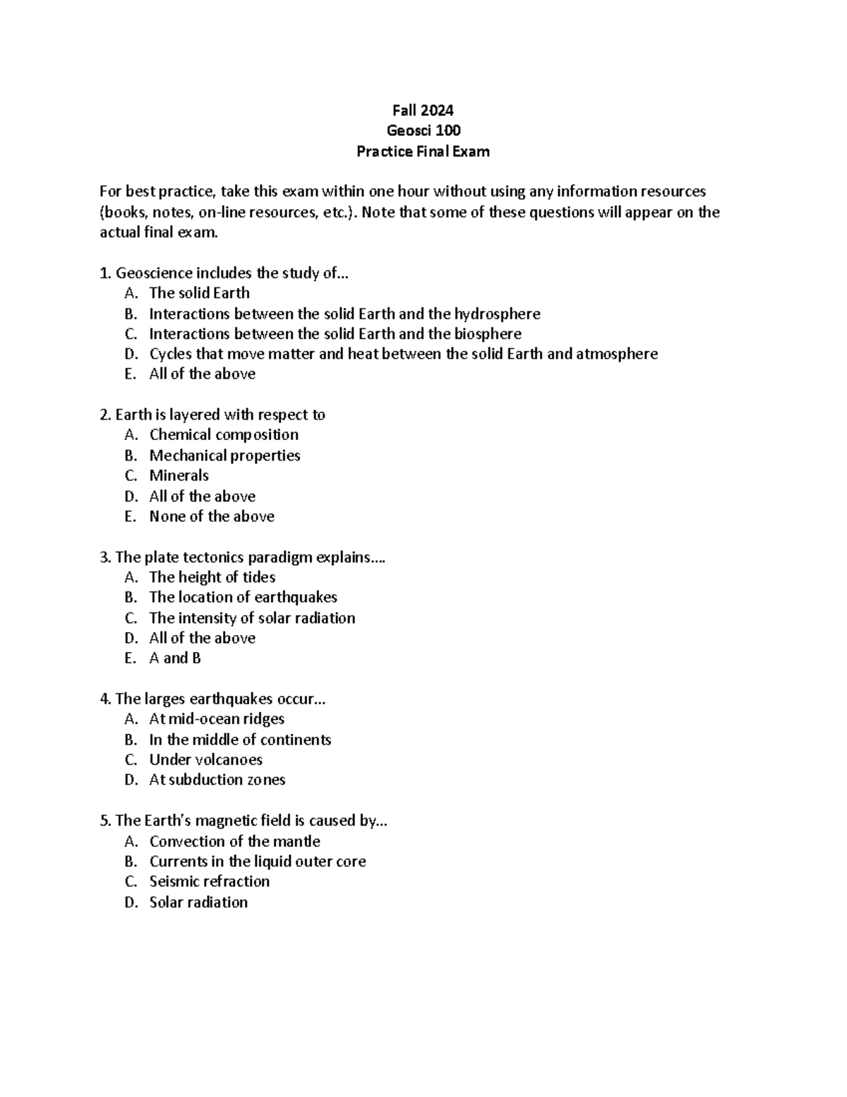 Geosci 100 Practice Final Exam - Fall 2024 Preparation Guide - Studocu