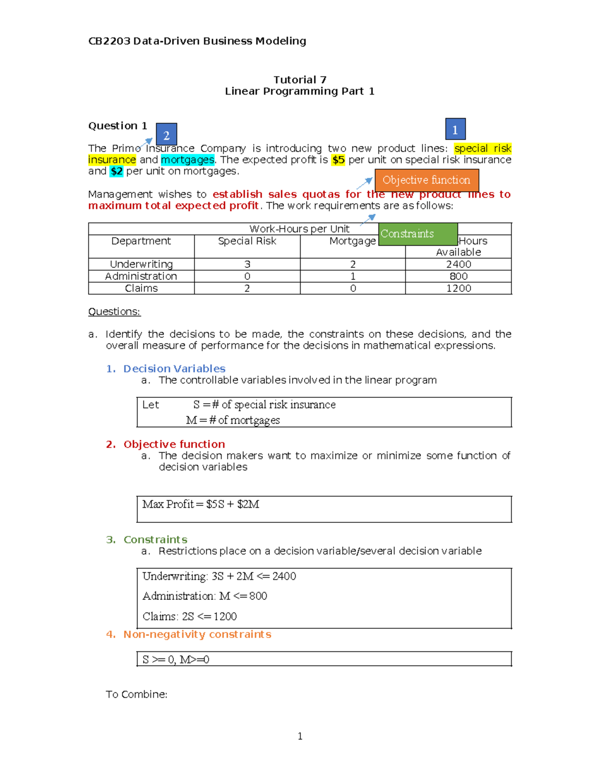 CB2203 Business Modeling Tutorial 7: Linear Programming Problems and Solutions - Studocu