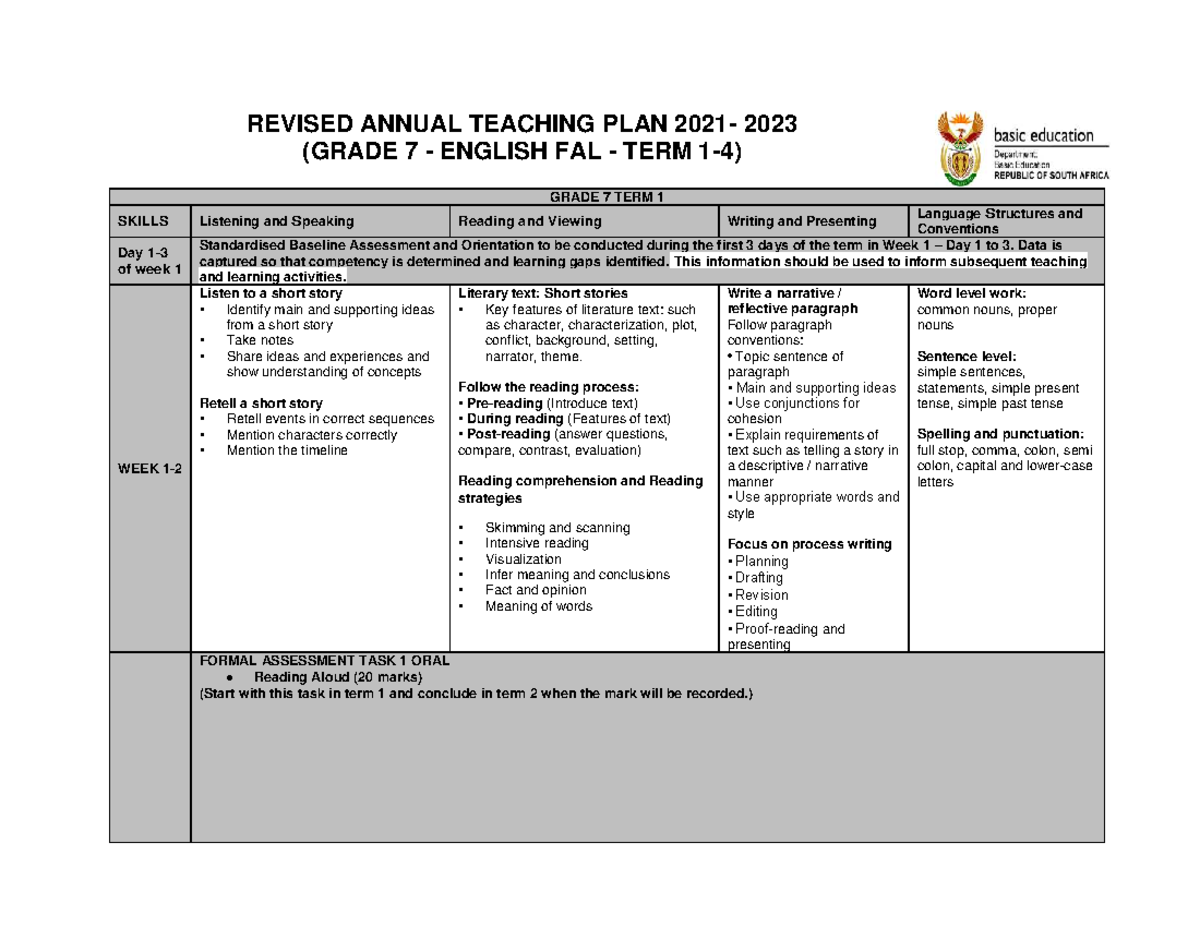Grade 7 English FAL Annual Teaching Plan (2023) for Terms 1-4 - Studocu