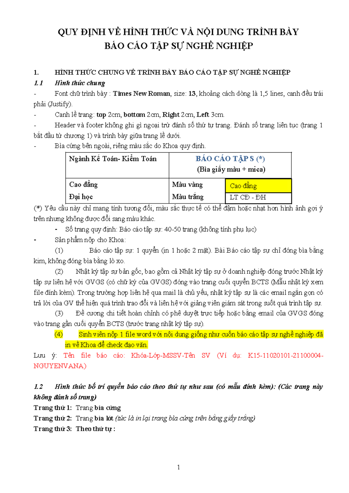 QUY ĐỊNH VỀ TRÌNH BÀY BÁO CÁO TẬP SỰ NGHỀ NGHIỆP 1 (BCTT) - Studocu