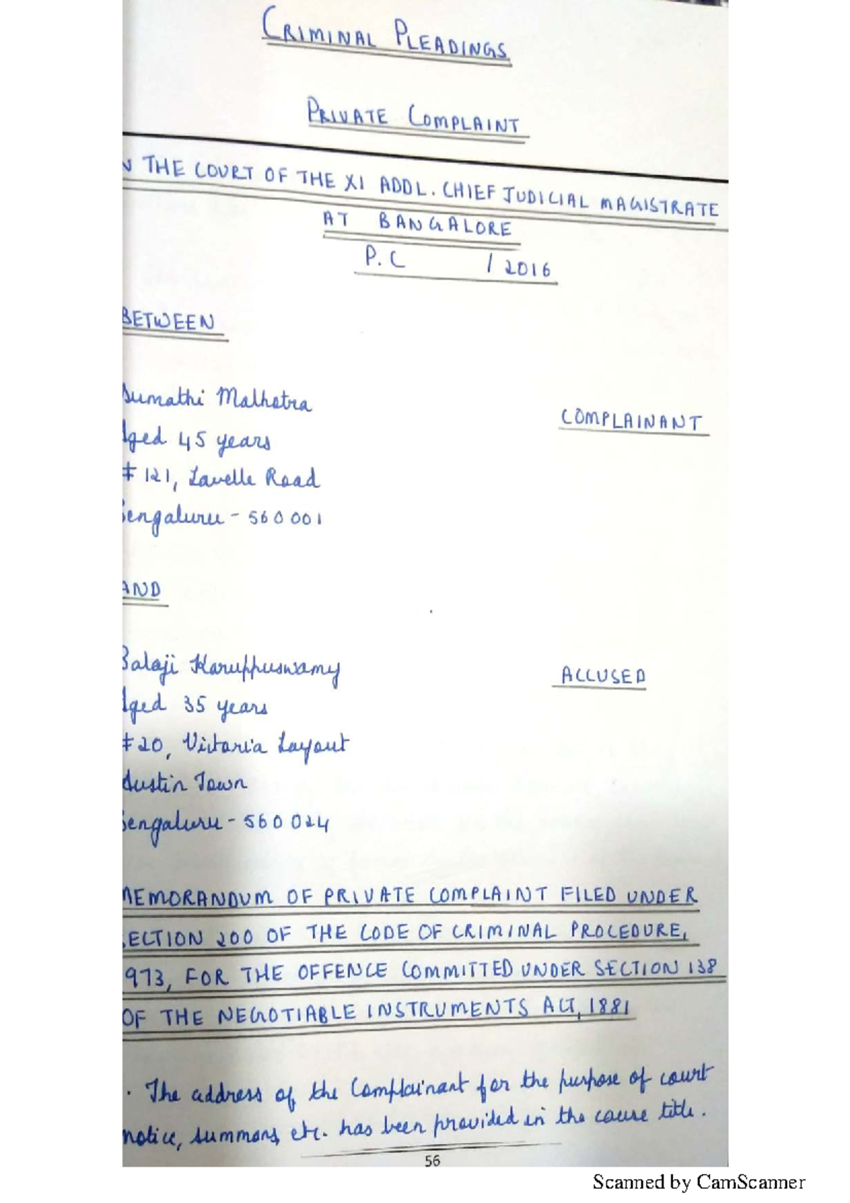 CRIMINAL PLEADINGS: PRIVATE COMPLAINT UNDER SECTION 138 - P.C. 2016 ...