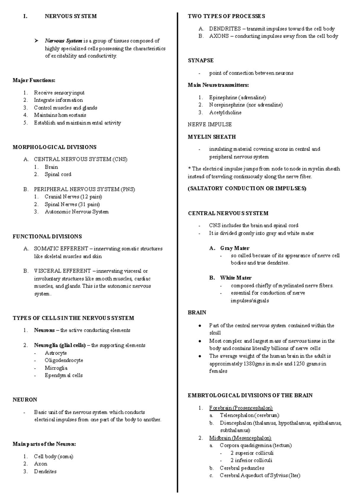 ANPH LEC Transes - Nervous System Overview and Functions - Studocu