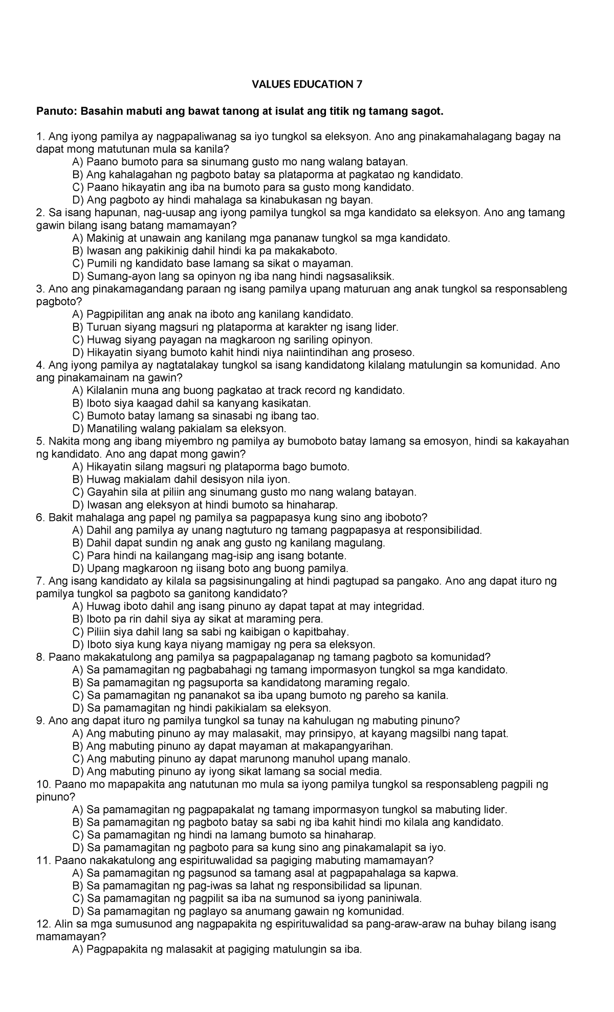 ESP 7 - ENGLISH VALUES ED 4TH QUARTER EXAM ANSWER KEY - Studocu