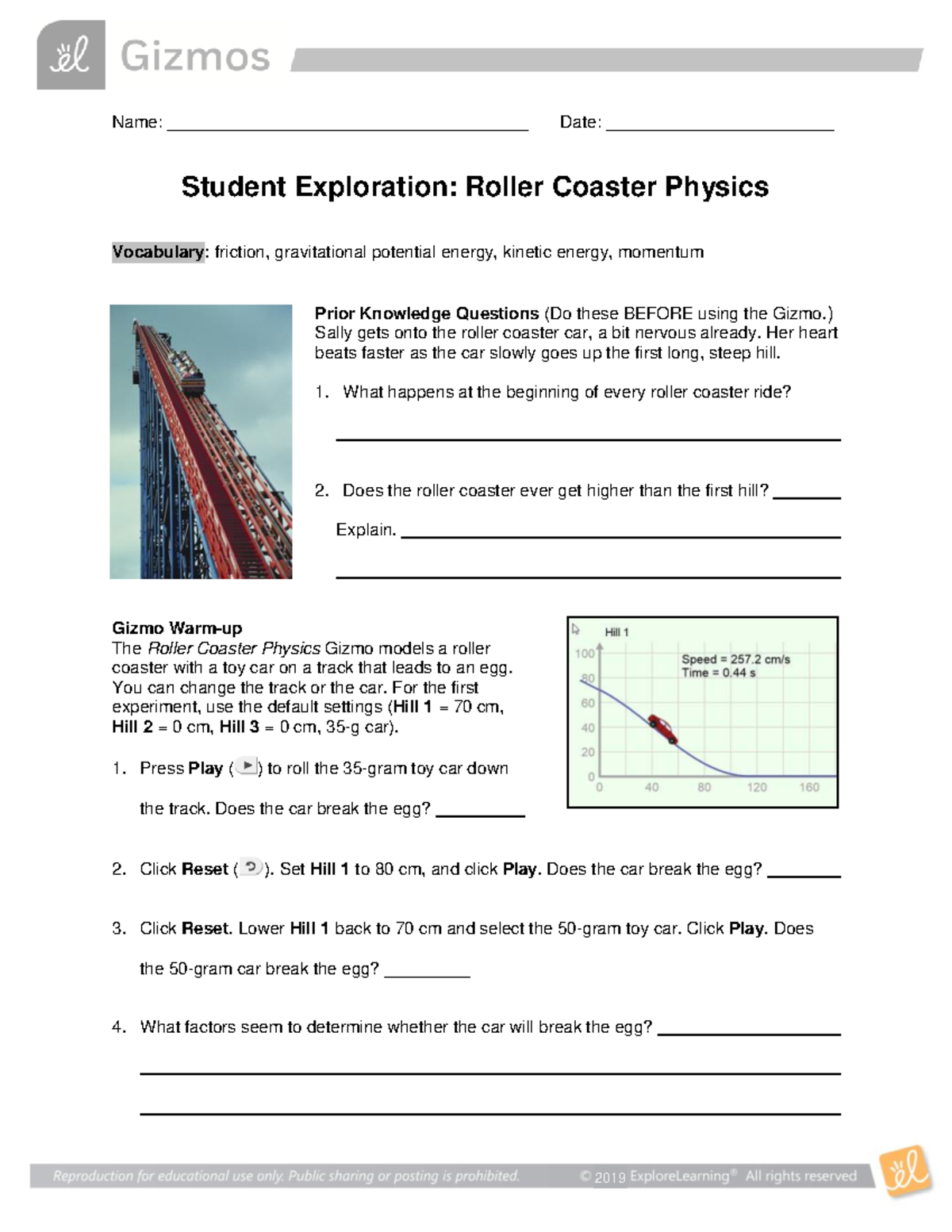 Roller Coaster Physics Exploration - Gizmo Activity Guide - Studocu