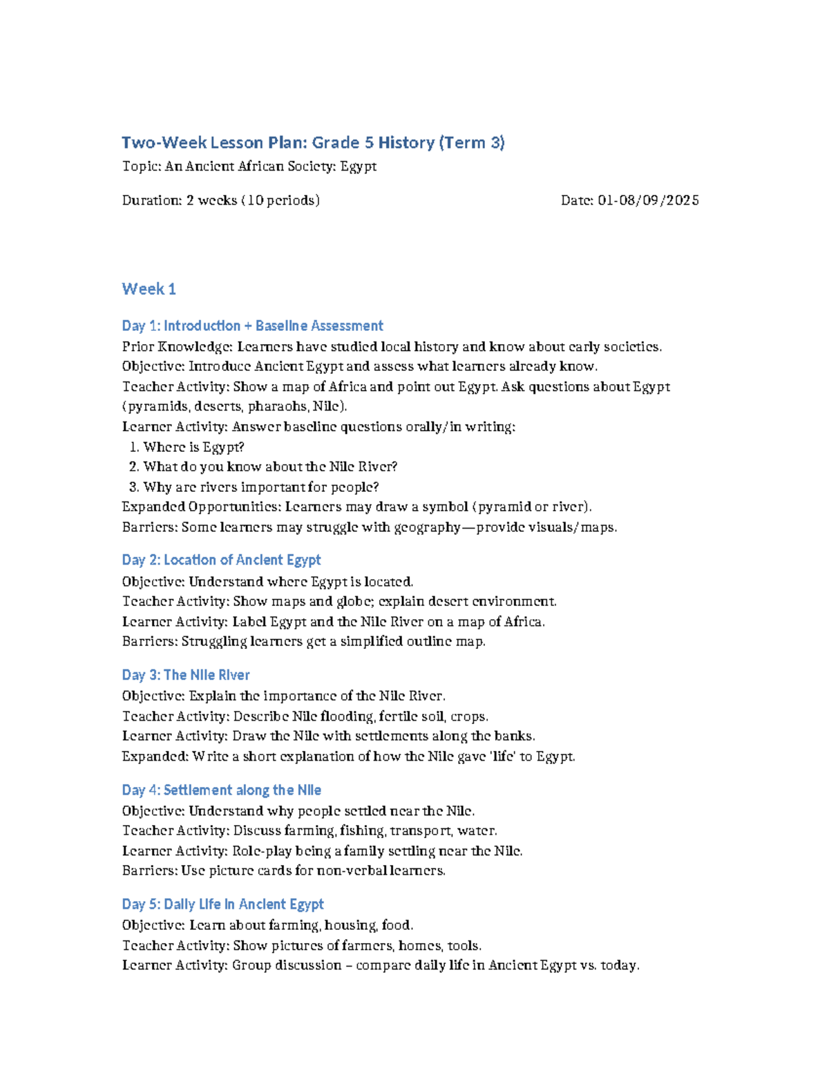 Grade 5 History Term 3 Lesson Plan: Ancient Egypt Overview - Studocu