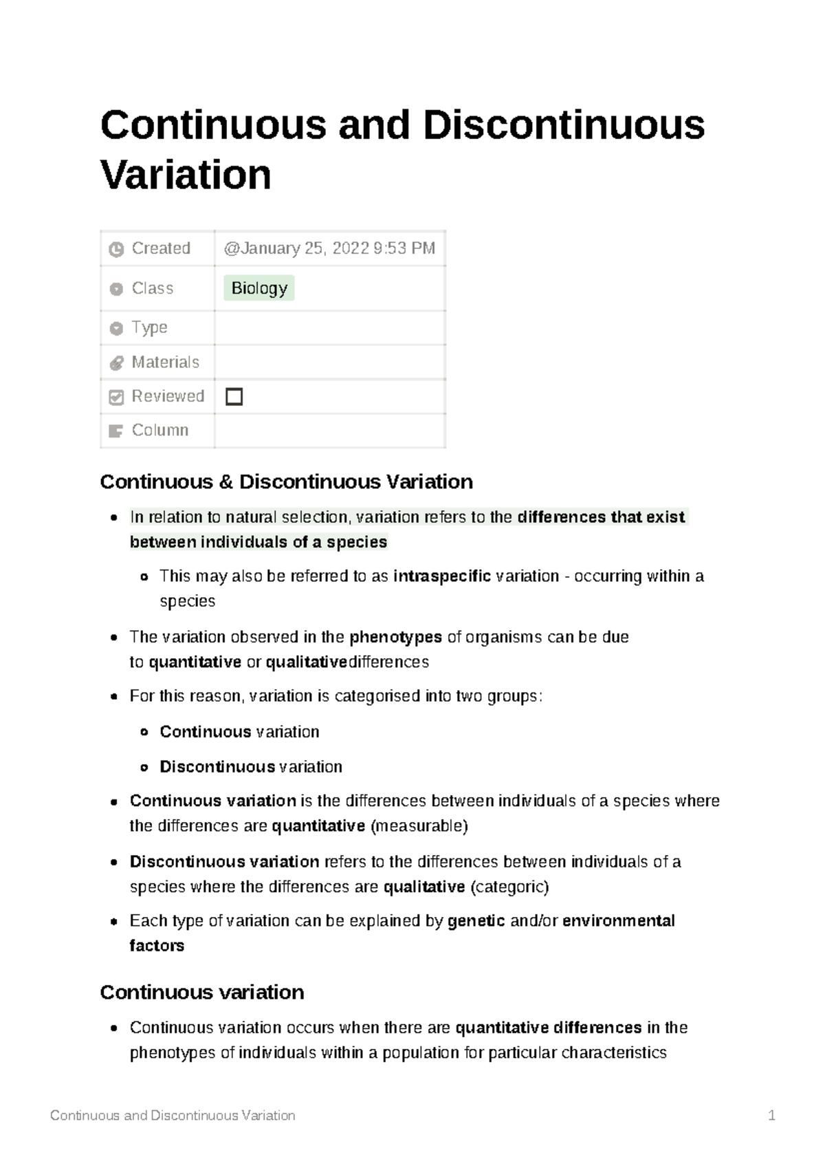 Biology 101: Continuous vs. Discontinuous Variation Overview - Studocu