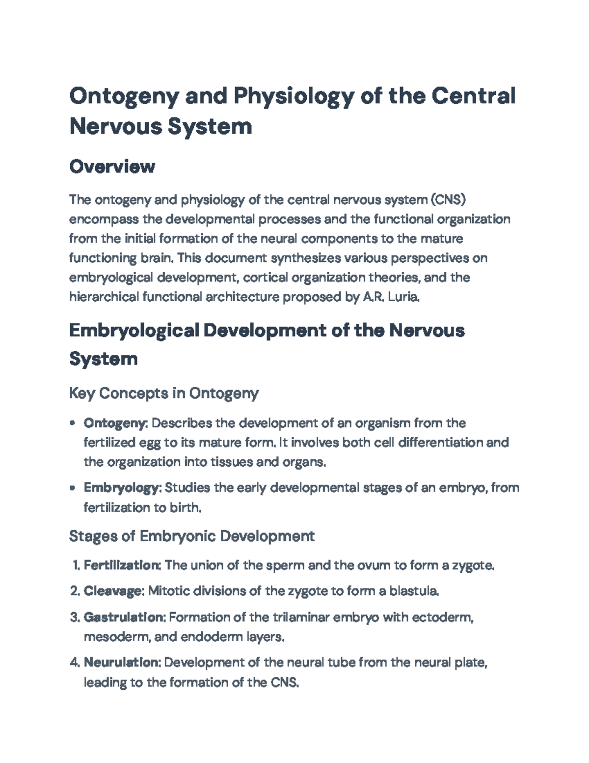 Understanding CNS Development and Function: Embryology to Luria's ...