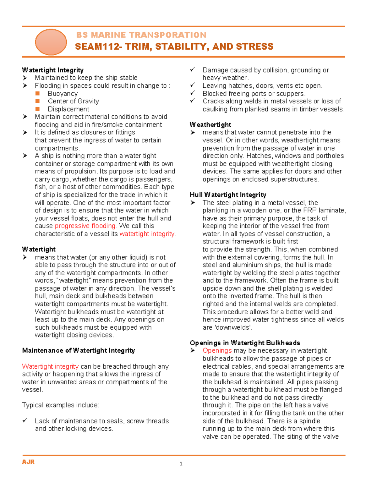 Midterm Review Notes on Watertight Integrity and Stability (SEAM112 ...