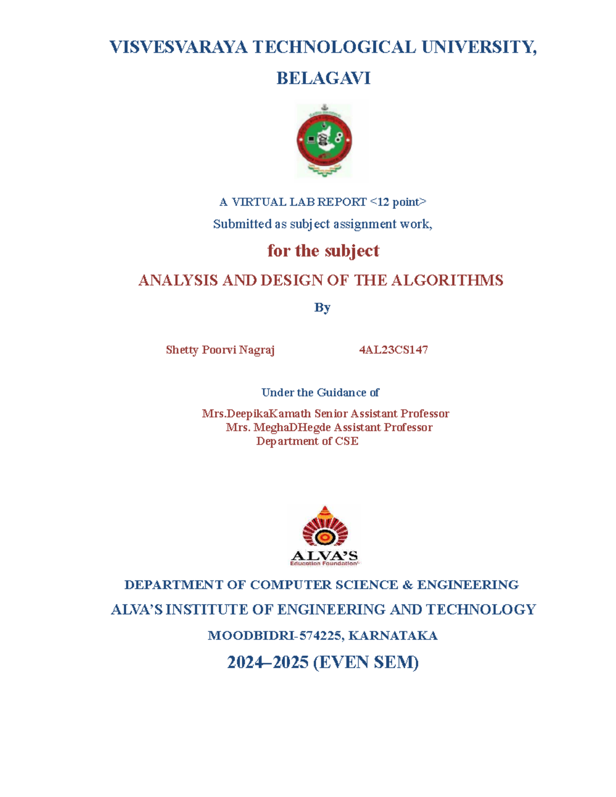 VTU 4AL23CS147 Virtual Lab Report on Analysis & Design of Algorithms - Studocu