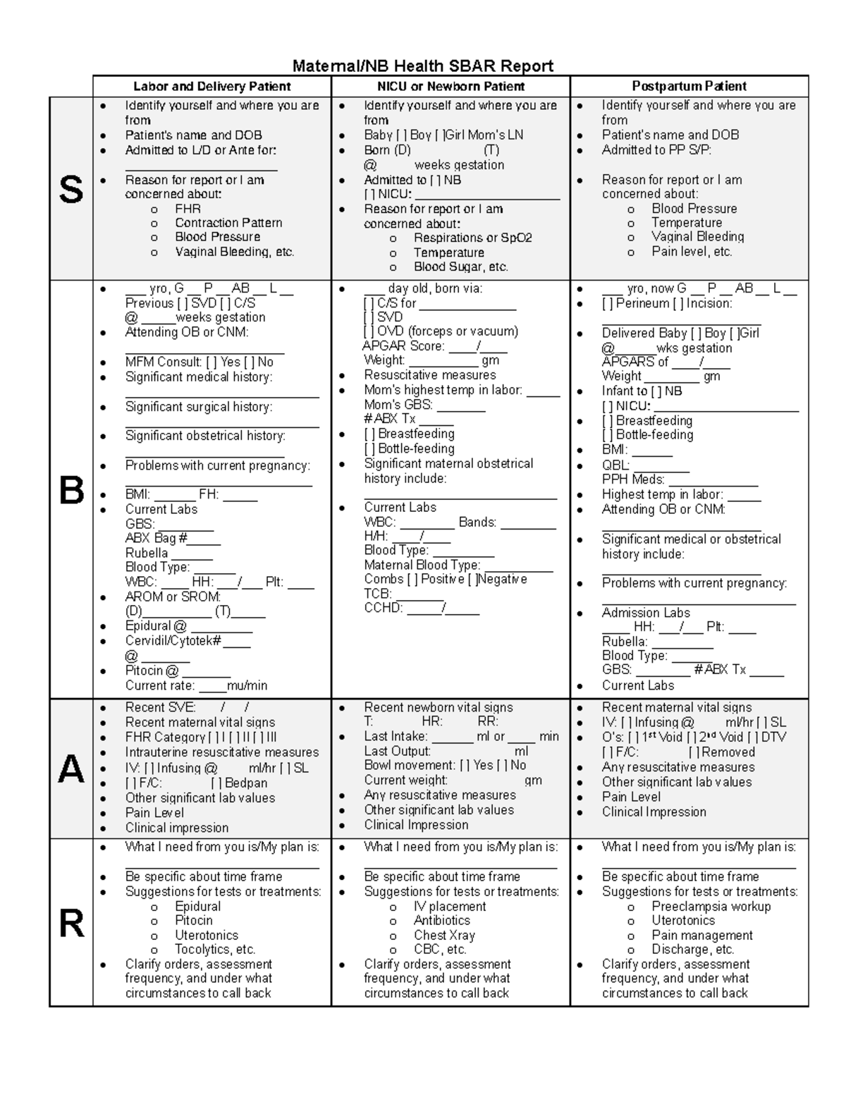 Maternal/NB Health SBAR Report Template for Clinical Settings - Studocu