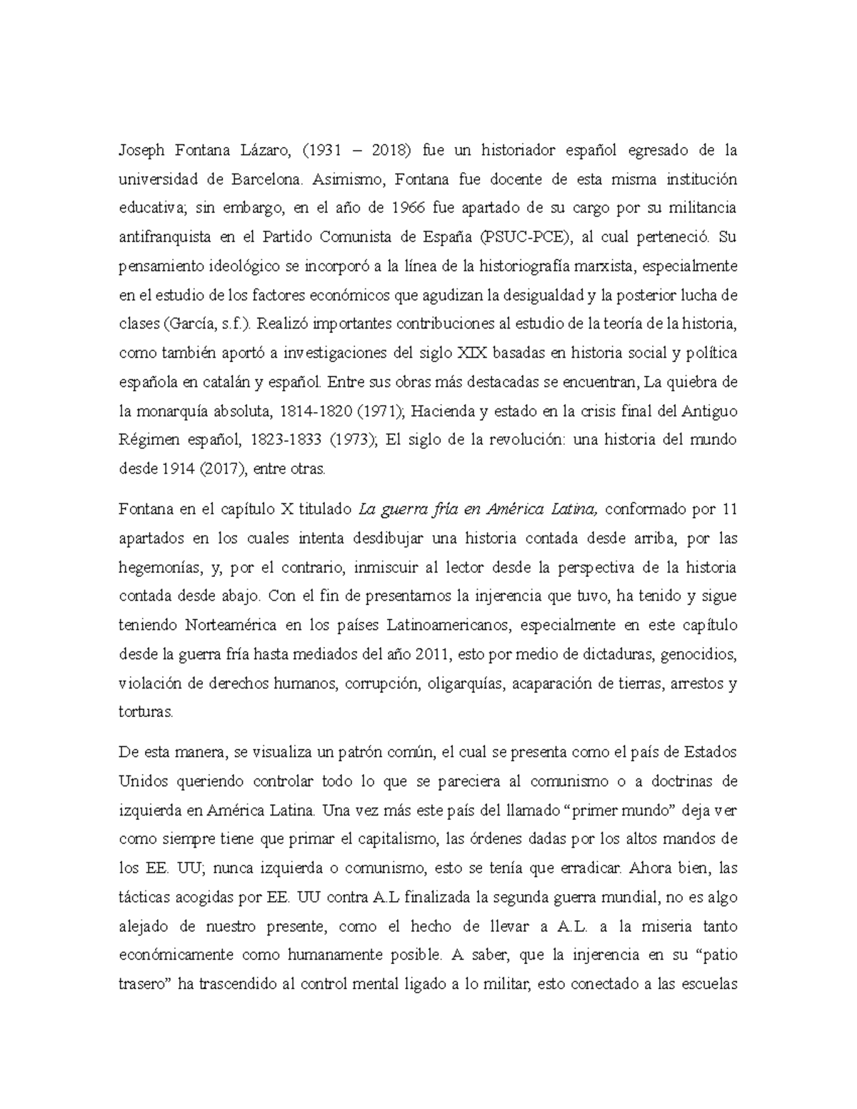 Reseña 1 - Análisis de La guerra fría en A.L. según Fontana - Studocu