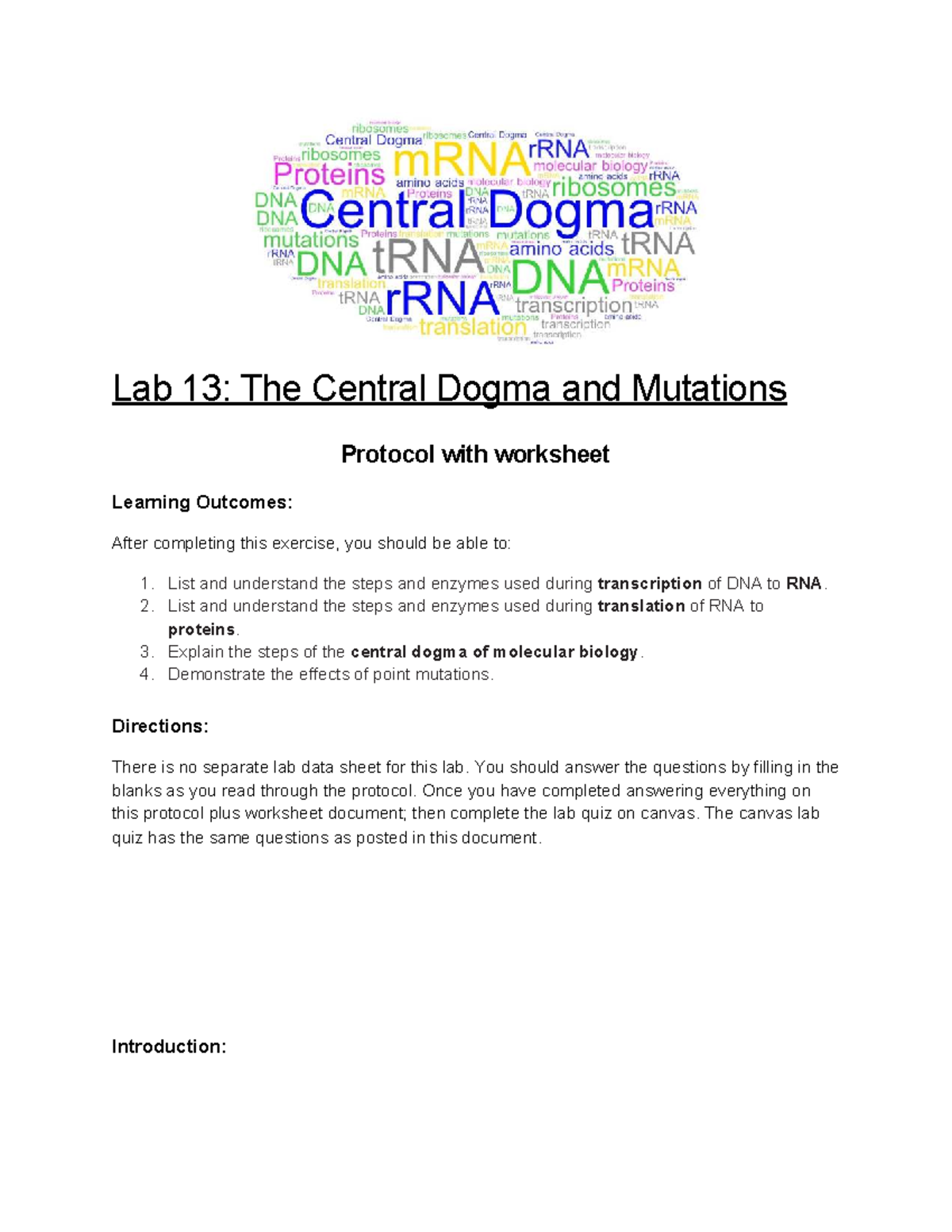 Central Dogma & Mutations Lab 13: Protocol & Worksheet - Studocu