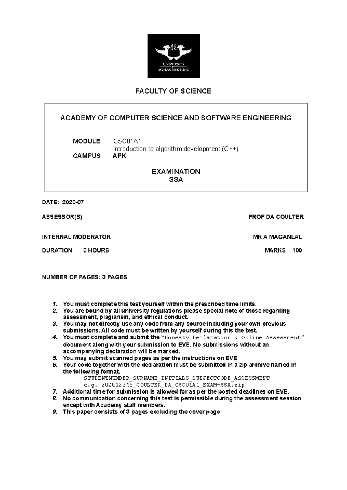 CSC01A1 2020 FSAO SSA - Introduction to Algorithm Development Exam ...