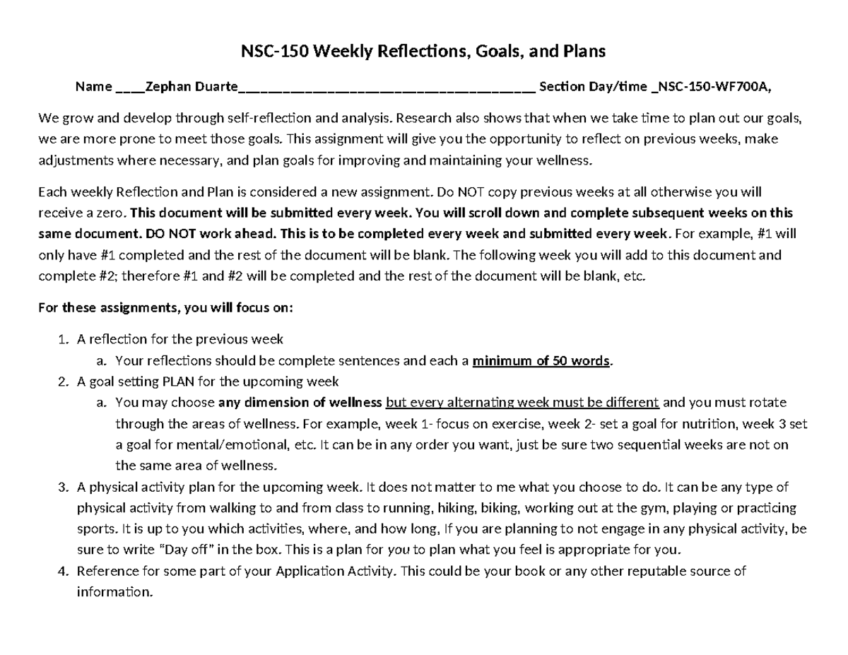 Weekly Reflection and Goals Worksheet 2024 - NSC-150 Weekly Reflections ...