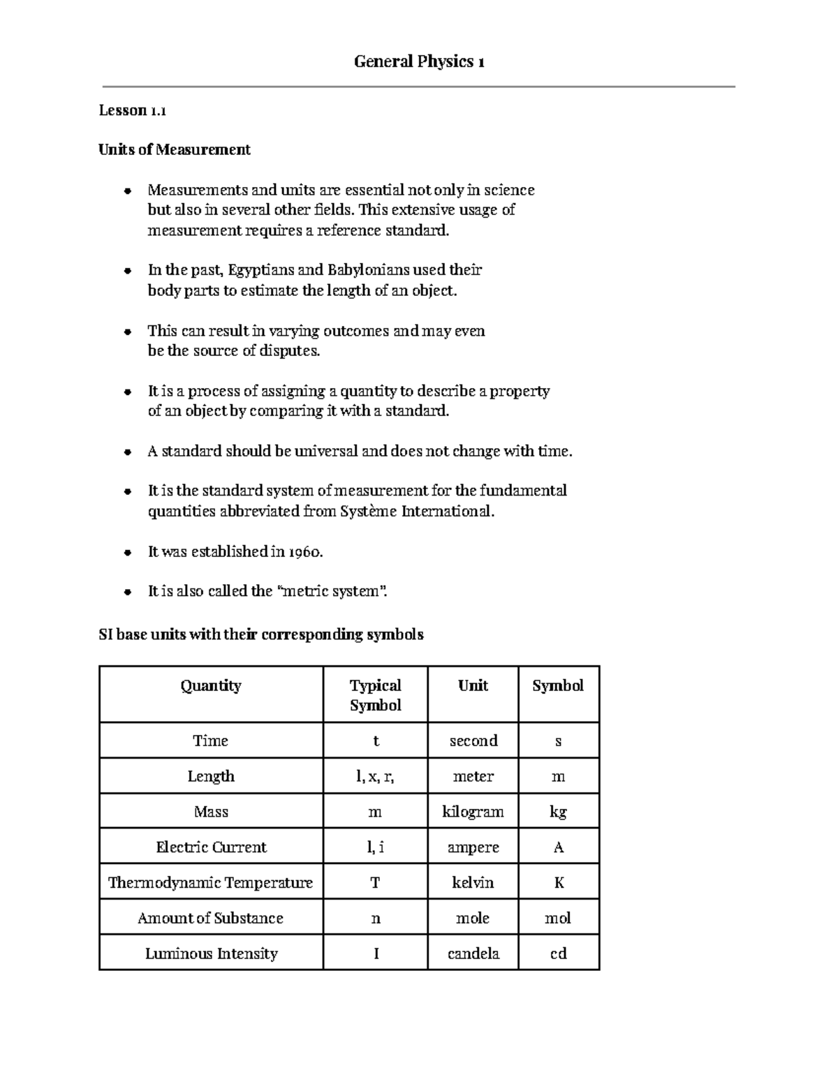 General Physics 1 Lesson 1.1: Units of Measurement Overview - Studocu