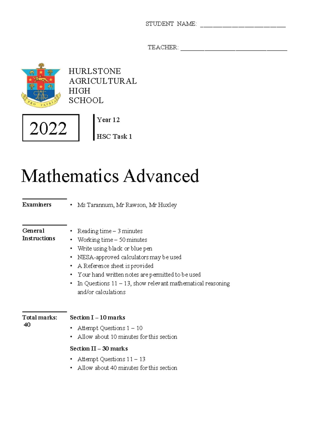 Yr 12 HSC Mathematics Advanced Task 1 2022 Final Exam - Studocu