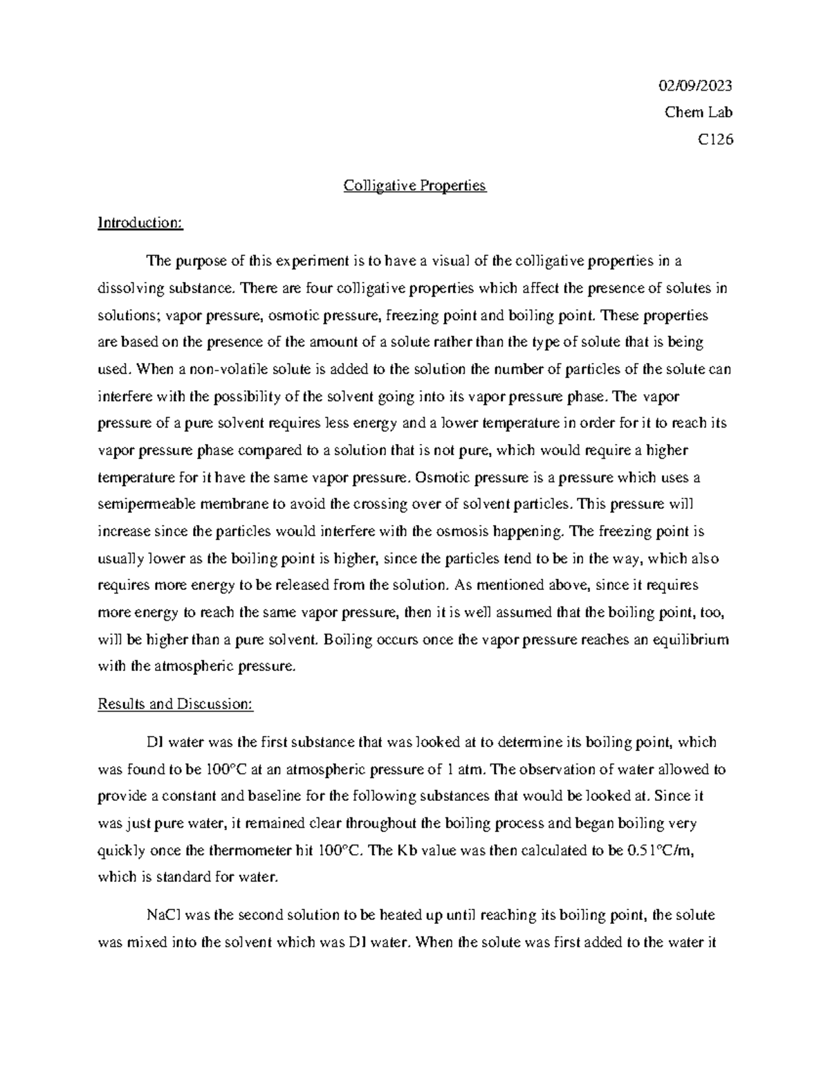 Exp3 Chemistry Lab: Exploring Colligative Properties of Solutions - Studocu