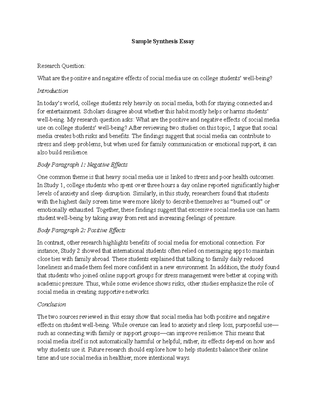 ESL 1070 Sample Synthesis Essay on Social Media Effects - Studocu