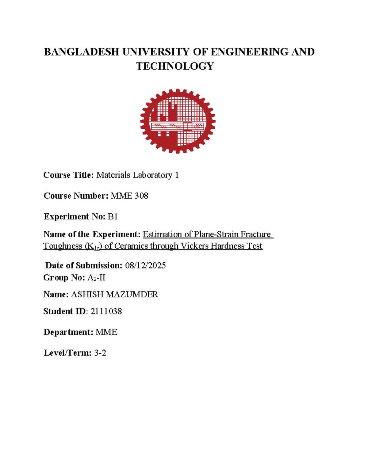 MME 308 Lab Report: Estimation of Fracture Toughness (K1c) of Ceramics ...
