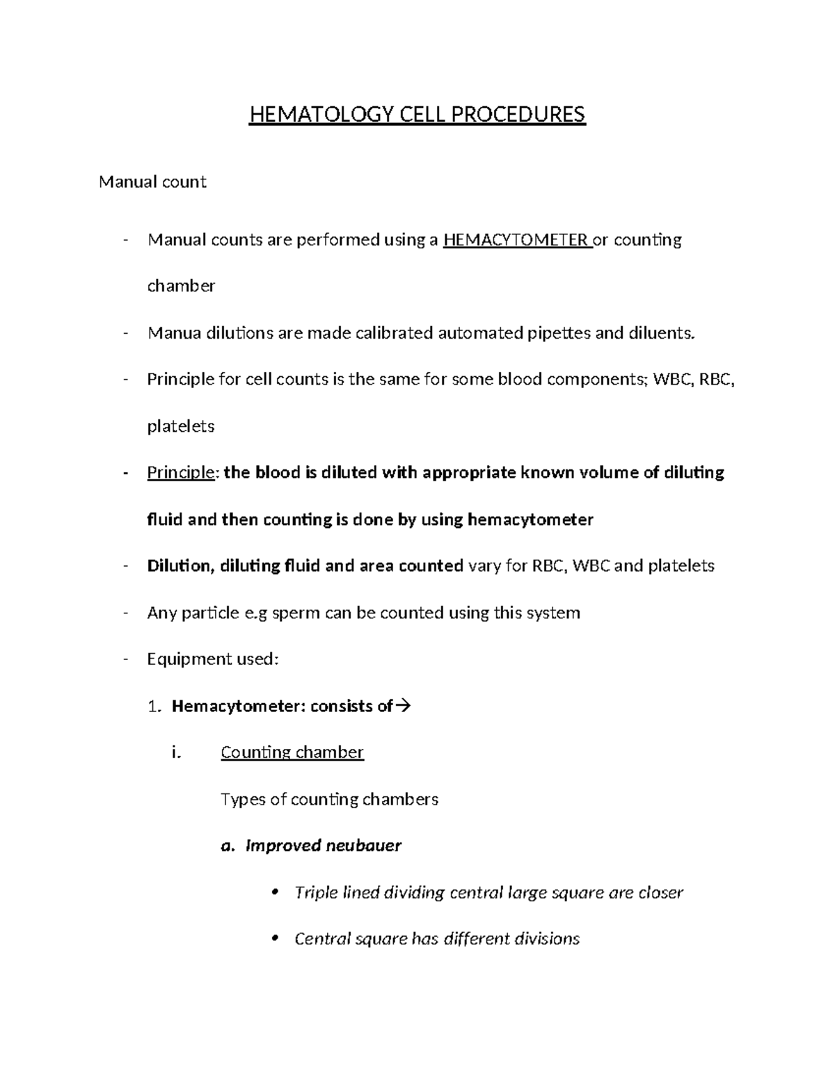 Hematology CELL Procedures - HEMATOLOGY CELL PROCEDURES Manual count ...
