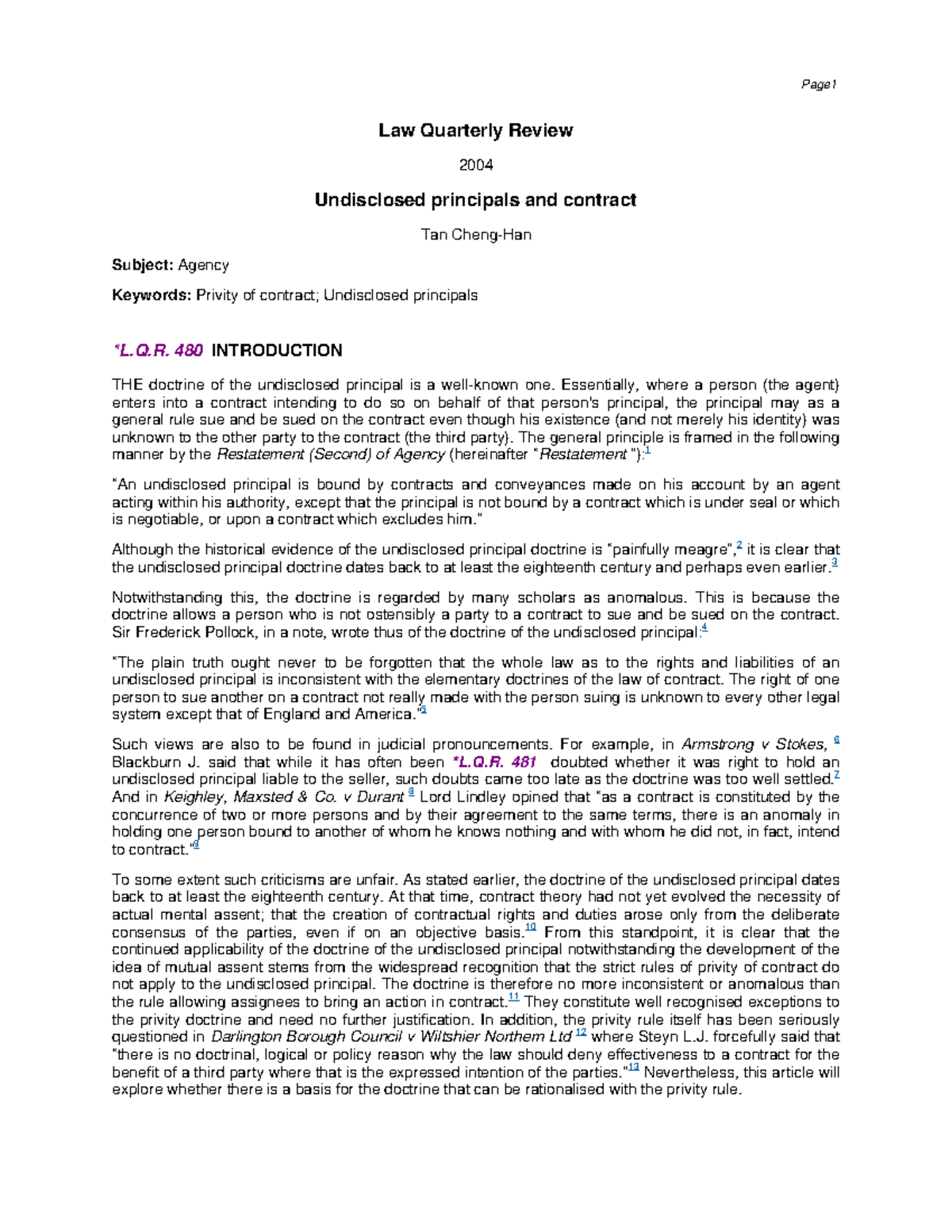 Law 480: Undisclosed Principals and Contractual Implications - Studocu