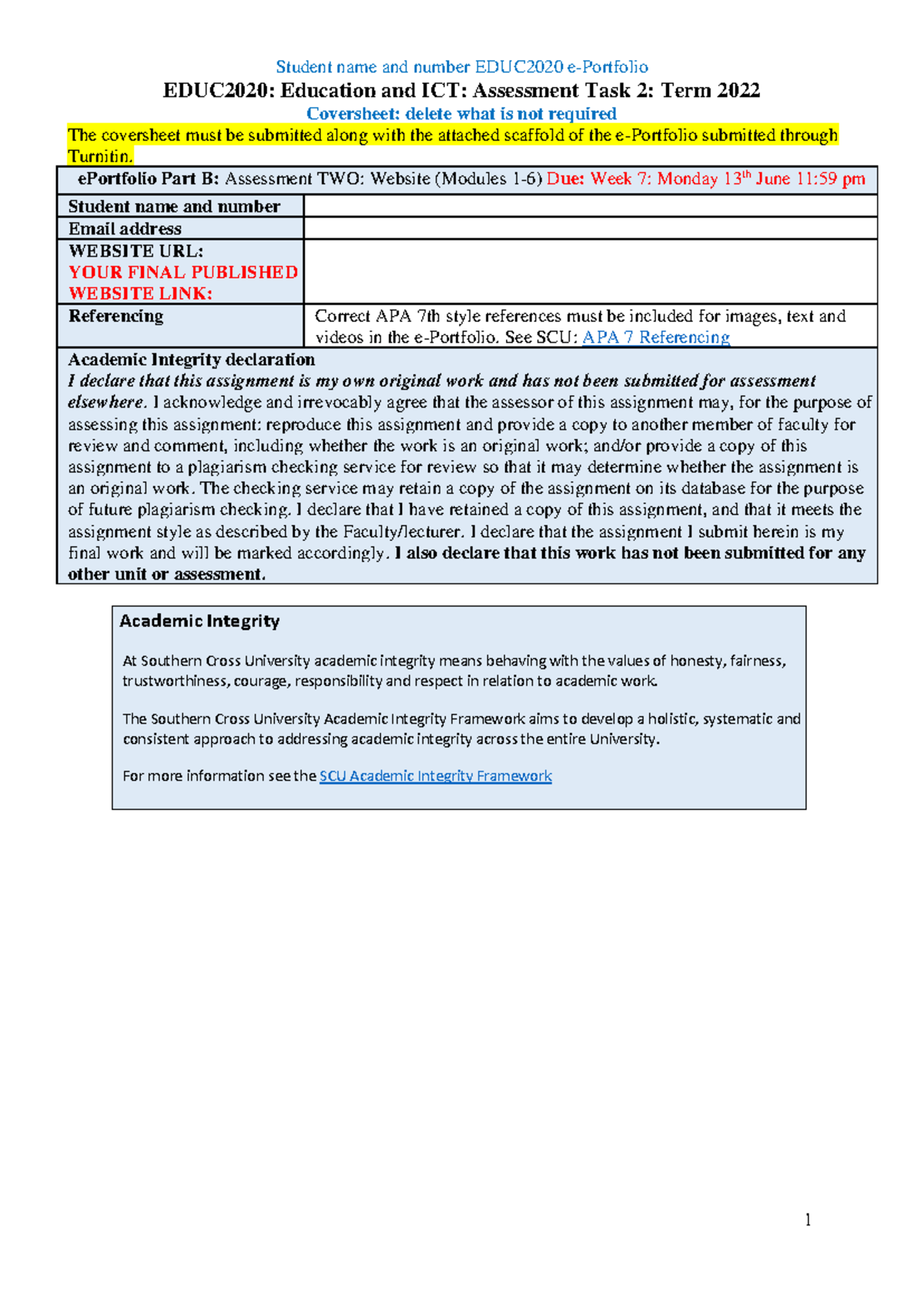 EDUC2020: ICT Assessment Task 2 - ePortfolio Scaffold & Guidelines ...