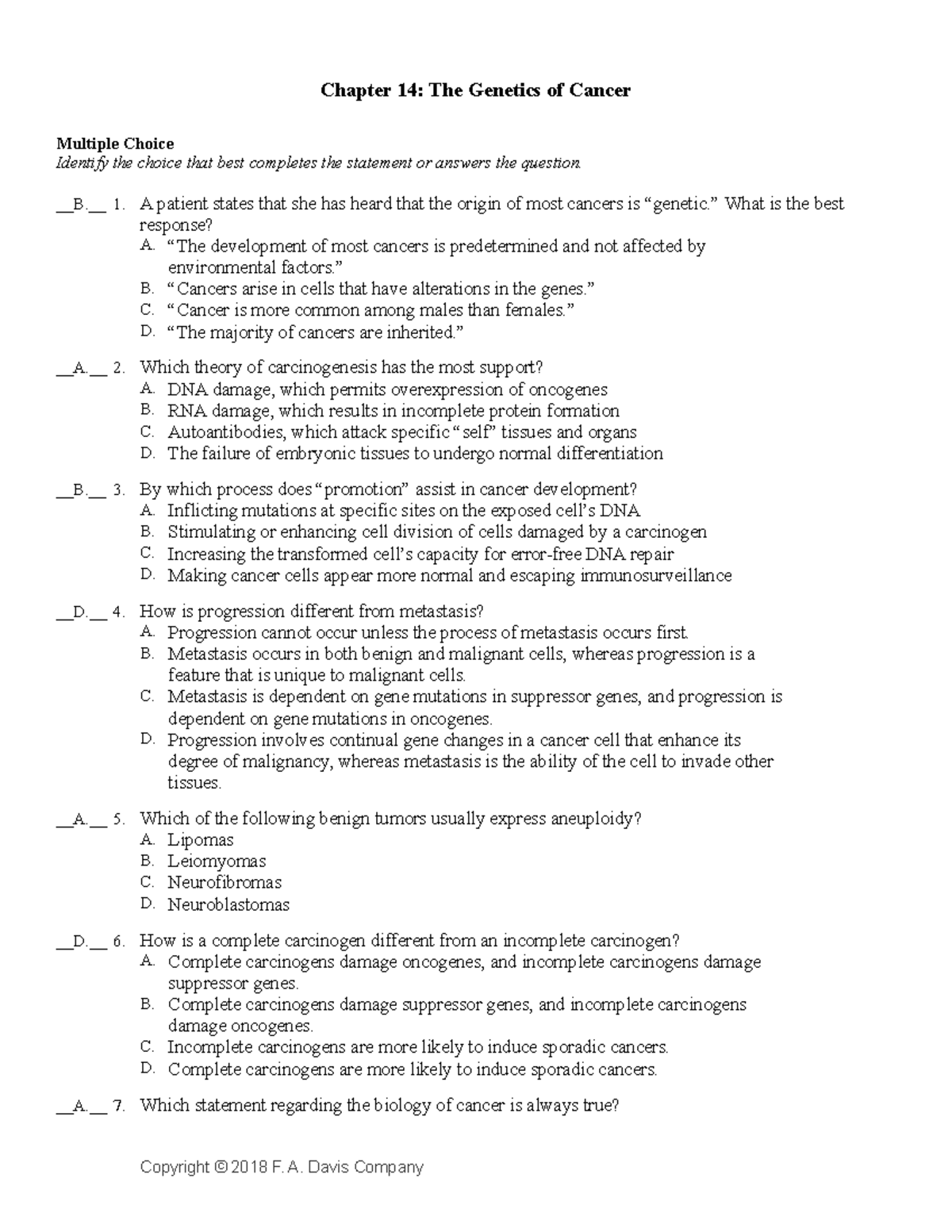 The Genetics of Cancer - Chapter 14 Overview and MCQs - Studocu