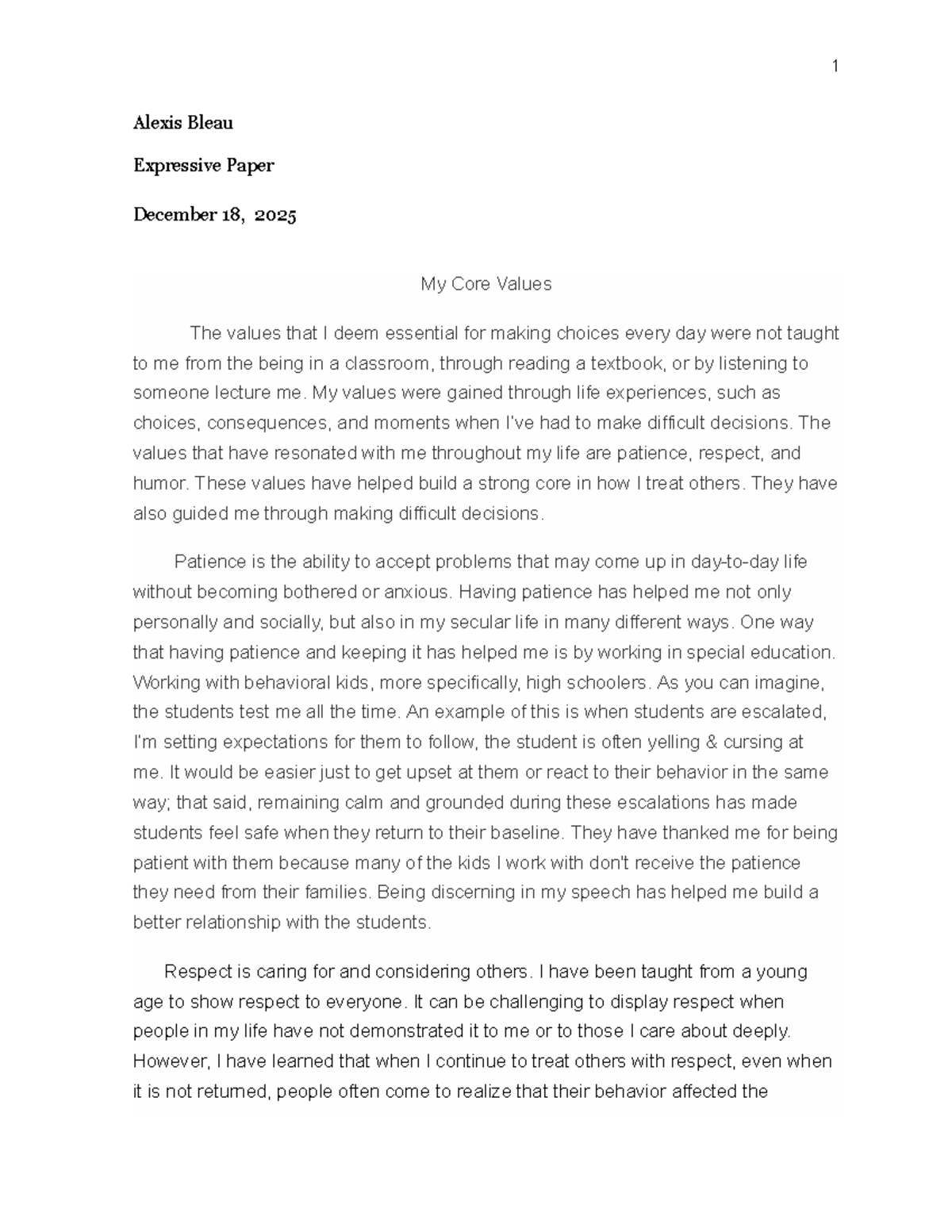 1 Alexis Bleau Expressive Paper: My Core Values Essay - Studocu
