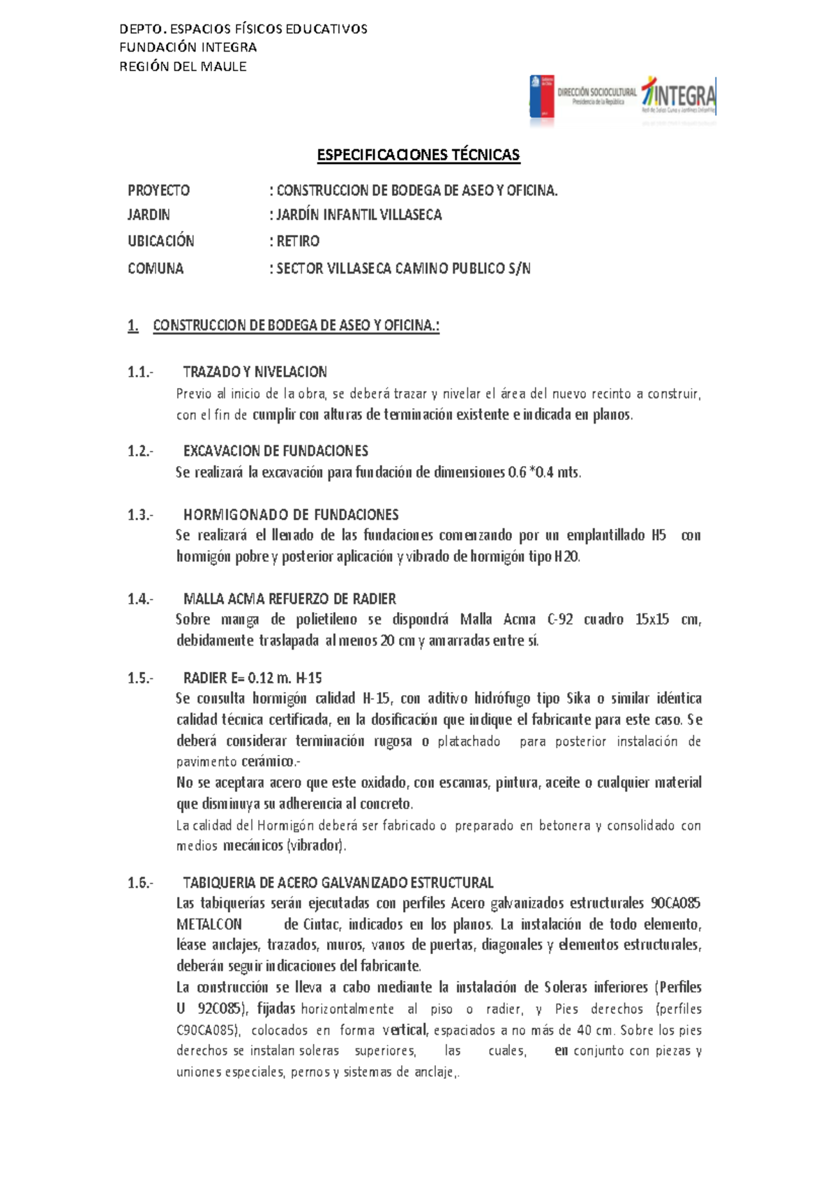 Especificaciones Técnicas Proyecto Jardín Infantil Villaseca - EETT TIPO INTEGRA - Studocu