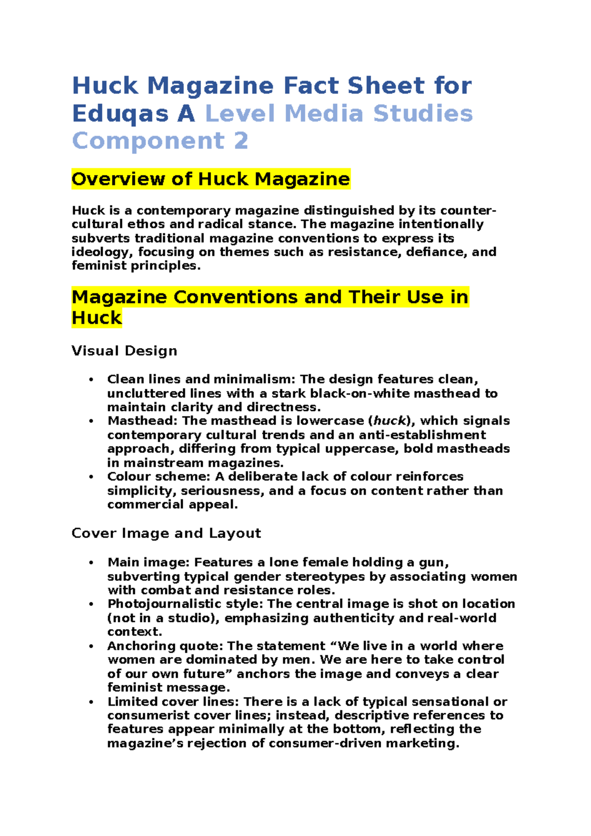 Huck Magazine Overview & Techniques for Eduqas A Level Media Studies ...