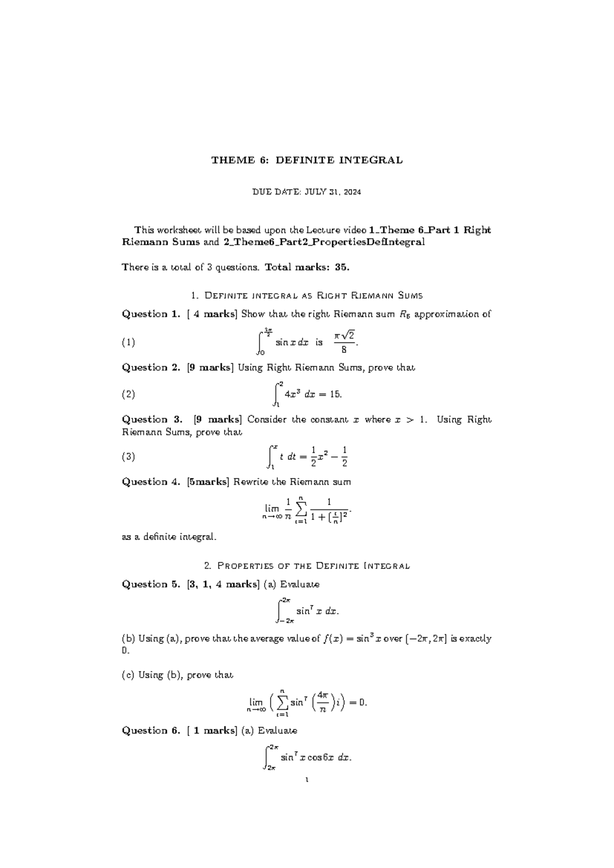 Theme 6: Definite Integral Worksheet (Due July 31, 2024) - Studocu