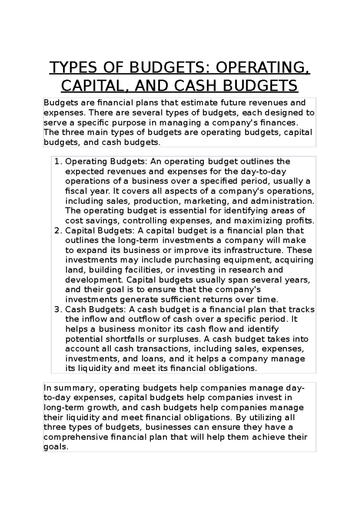 Types of Budgets: Operating, Capital, and Cash Budget Overview - Studocu