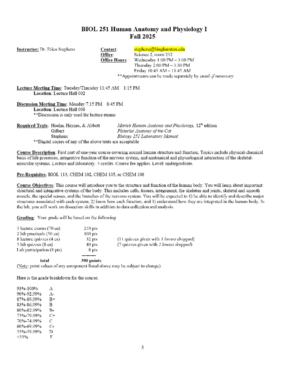 Syllabus Overview for BIOL 251: Human Anatomy & Physiology I - Fall ...