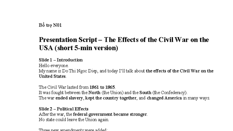 Bổ trợ N01 - Presentation on Civil War Effects in the USA - Studocu