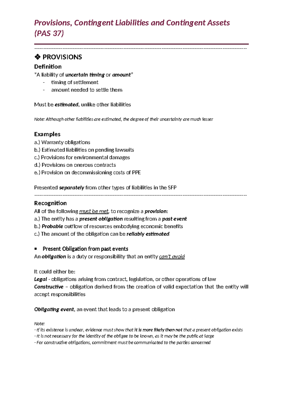 Provisions, Contingent Liabilities & Assets (PAS 37) Overview and ...