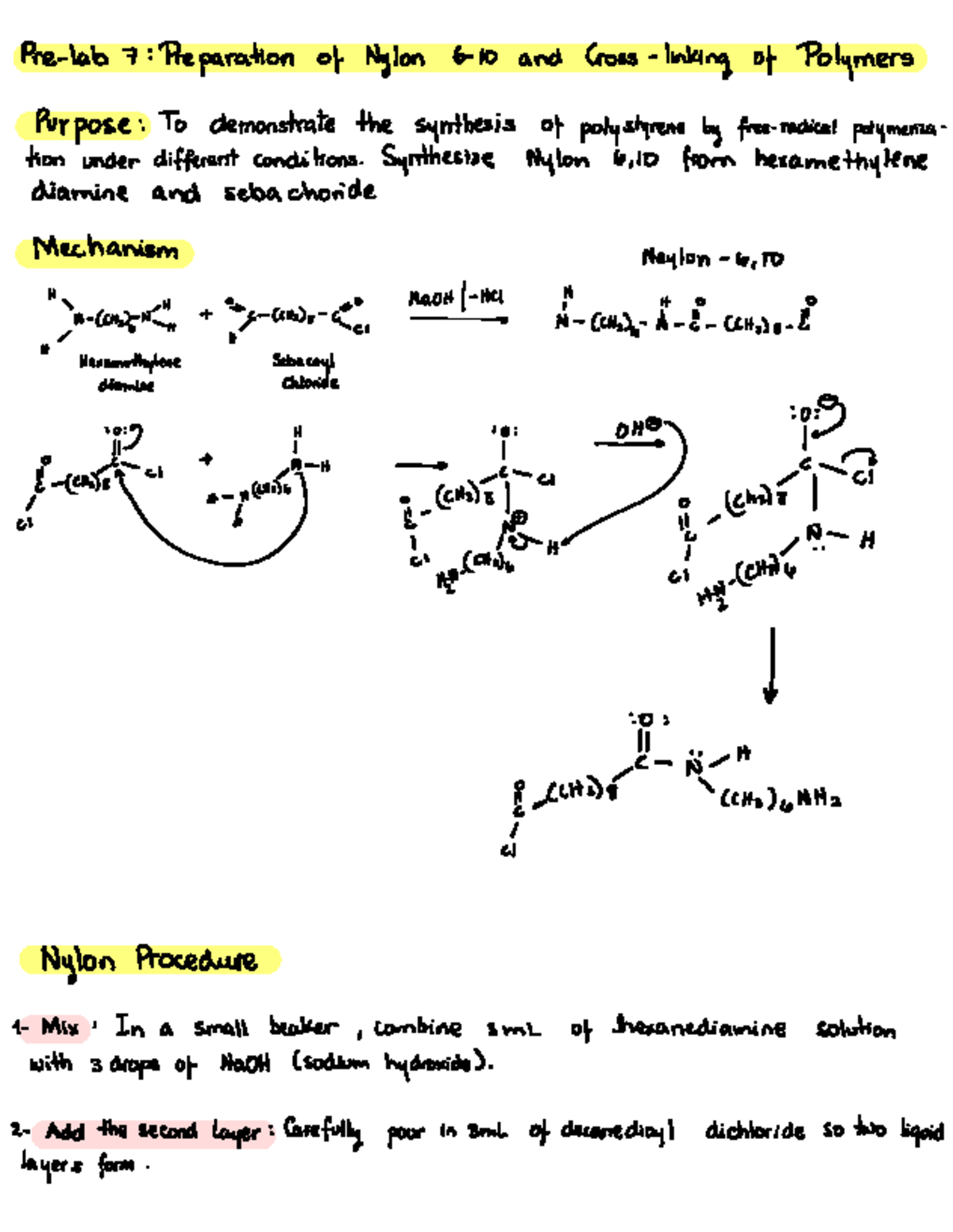 Pre lab 7 - Synthesis of nylon 6,10 from hexamethylene diamine - Studocu