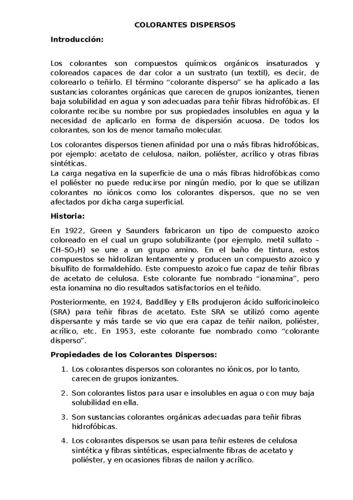 COLORANTES DISPERSOS: Introducción y Propiedades Esenciales - Studocu