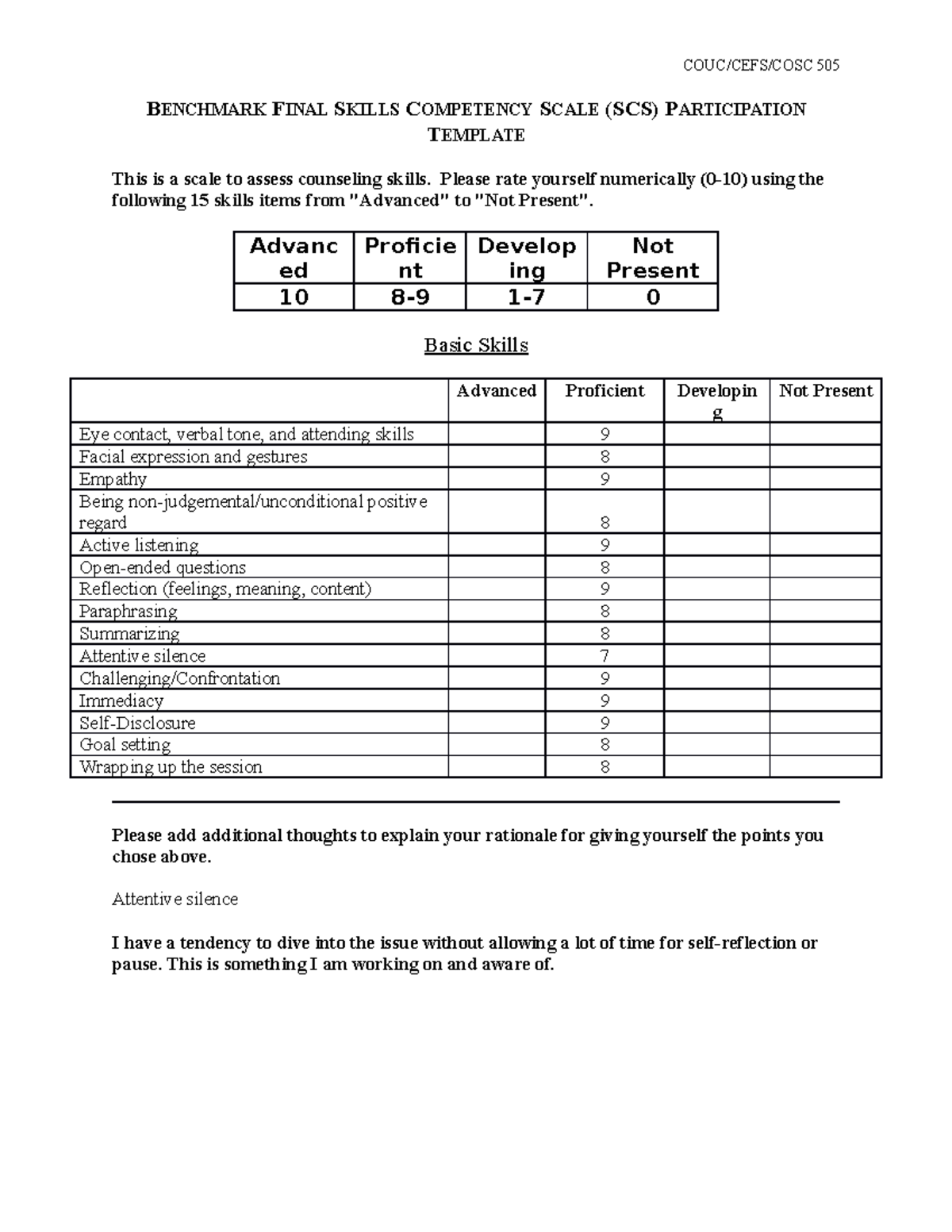 COUC/CEFS/COSC 505 Benchmark Final Skills Competency Scale Template ...