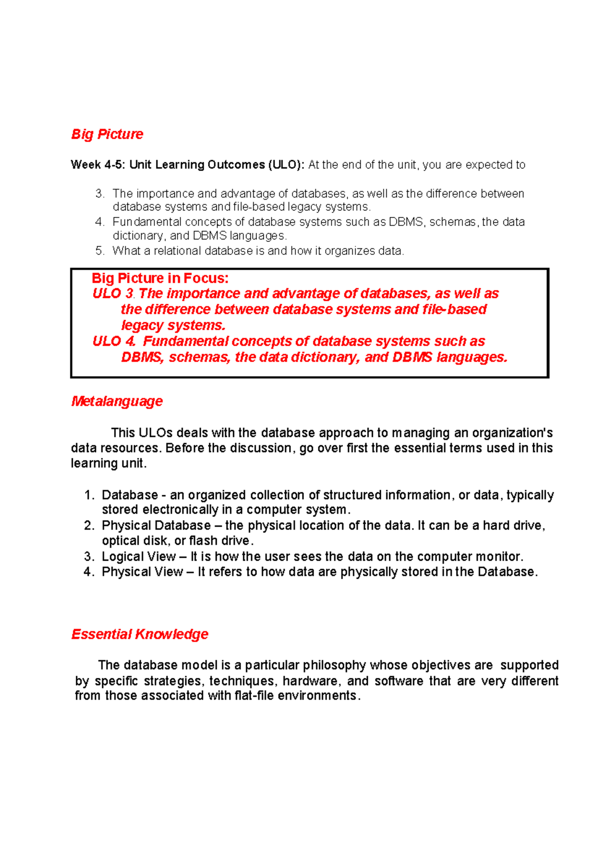ACC214 Unit Learning Outcomes: Database Systems Overview - Studocu