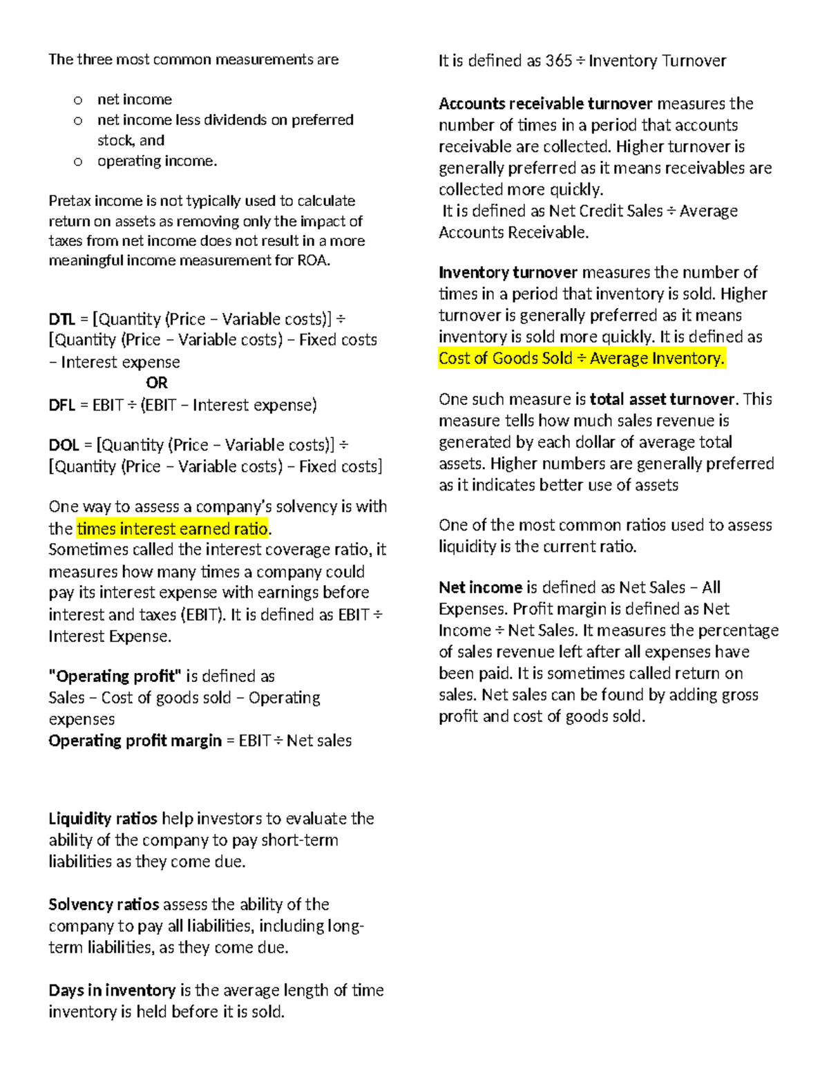 Common Measurements in Financial Analysis: Key Ratios and Metrics - Studocu