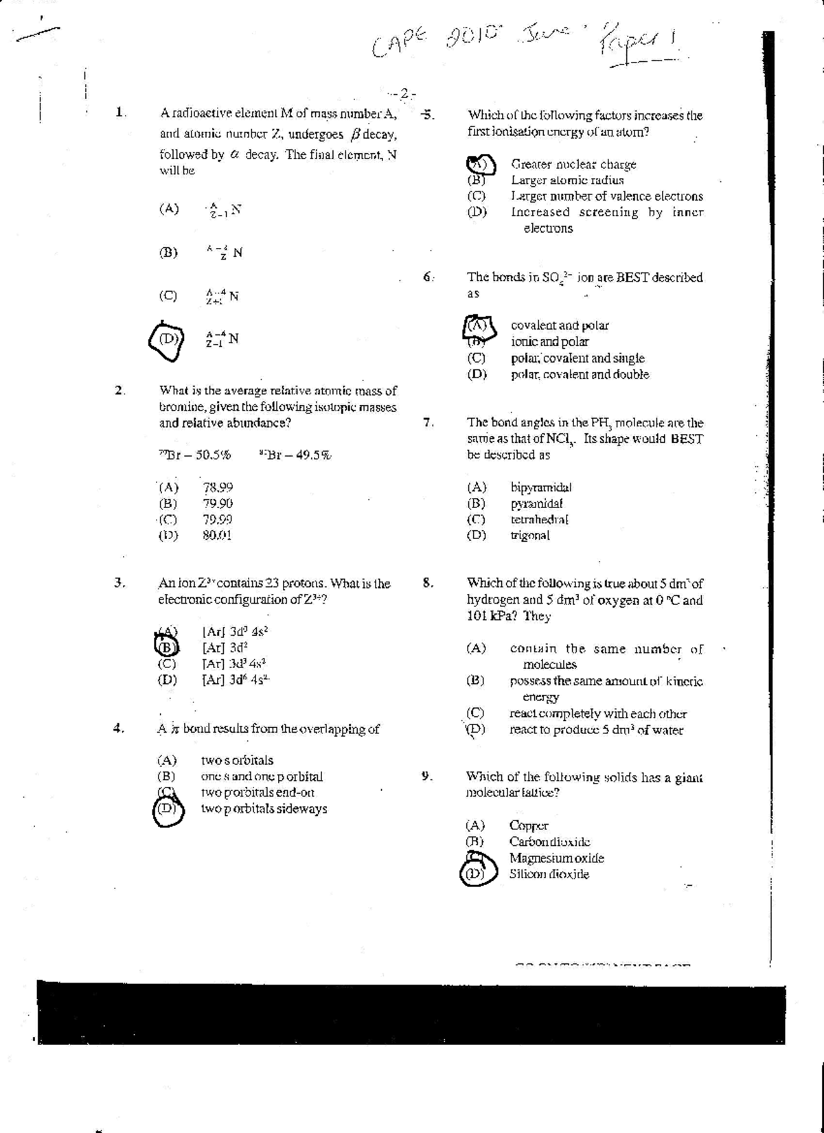 CAPE Chemistry Unit 1 June Paper 1 2010 Exam Questions - Studocu